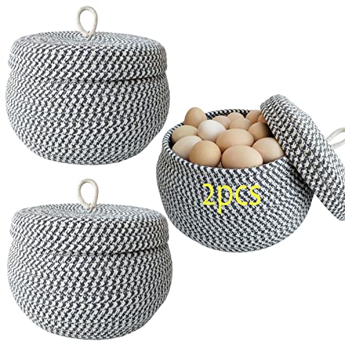 2 Pcs Cotton Rope Woven Storage Baskets Easter Egg Basket With Lid,Handmake Small Round Baskets for Storage Eggs Fruit Candy,Toy Organizers Bin, Decoration Bins With Lid for Bathroom Home Decor (Grey)