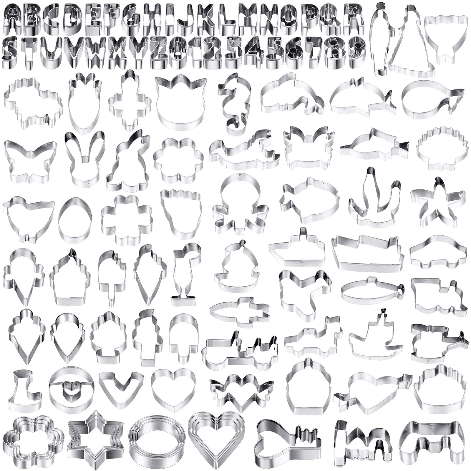 108 Pcs Metal Cookie Cutters Set Stainless Steel Biscuit Cutter Molds Include Heart Star Round Flower Vehicle Sea Creatures Alphabet Numbers Ice Cream Cone Fruit Shapes Cookie Cutters for Baking