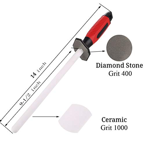 14 inch Sharpening Rod/Sharpening Bar, 2 in 1 Diamomd/Ceramic (Grit 400/1000) Knife Sharpener for Coarse/Fine Honing
