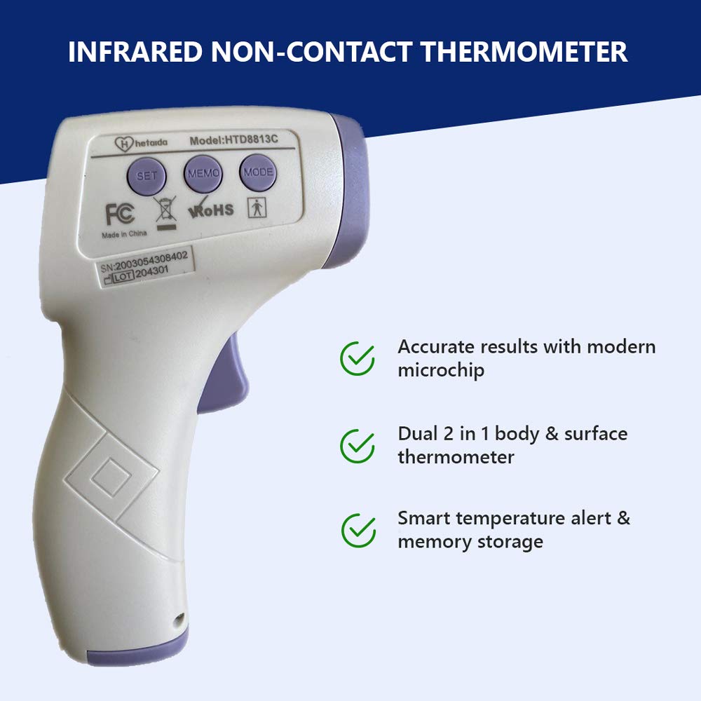 ITA-MED Digital Non-Contact Infrared Forehead Thermometer for Adults & Kids, Accurate Instant Reading, Dual Mode Body & Surface ˚C / ˚F, Intelligent Temperature/Fever Alert, Batteries Included (HTD8813C)