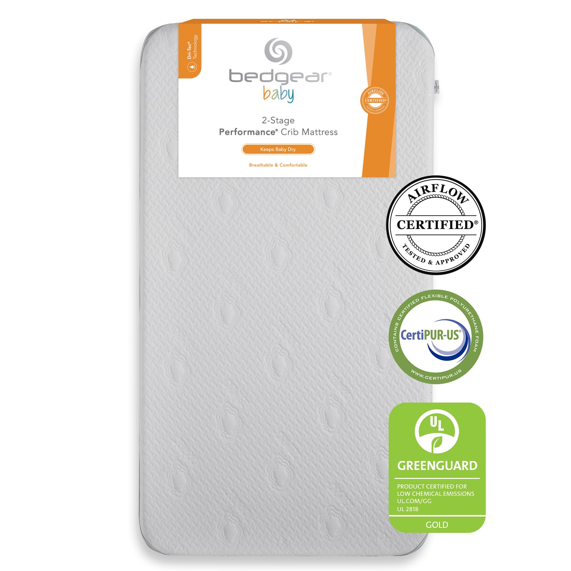 Bedgear Baby Dri-Tec 2-Stage Moisture Wicking Crib Mattress – CertiPUR-US Certified and Airflow Certified - Hypoallergenic - Waterproof Removable and Machine Washable Cover