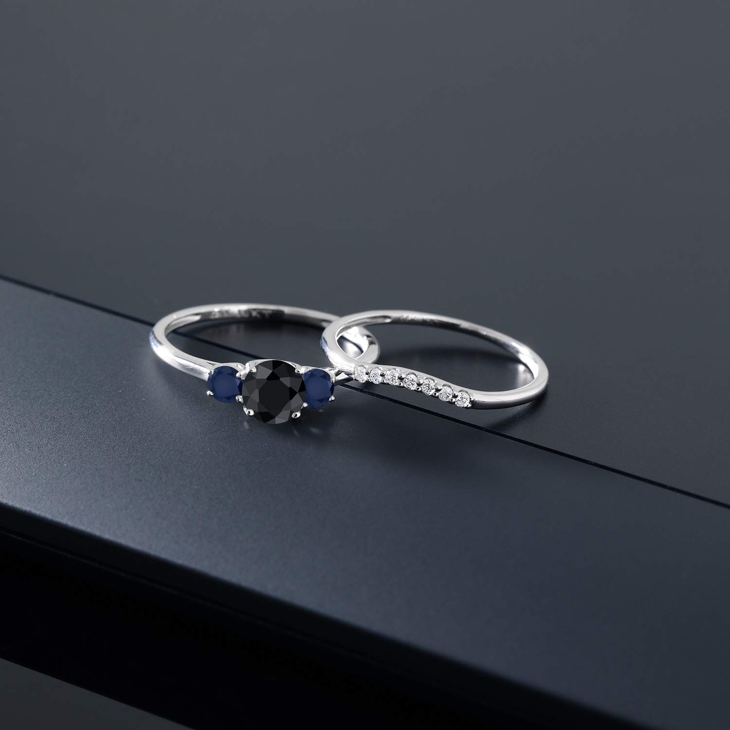 10K White Gold Black Sapphire and Blue Sapphire and White Lab Grown Diamond 3-Stone Bridal Engagement Wedding Ring Set For Women (1.07 Cttw, Gemstone September Birthstone, Round 5MM, Size 9)