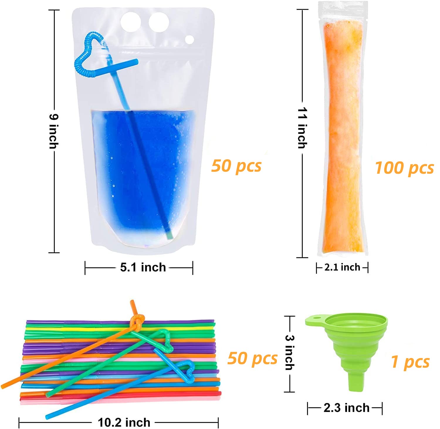 150 Pcs Drink Pouches and Popsicle Bags with Straws, 100 Pcs Smoothie Ice Pop Bags, 50 Pcs Hand-Held Reusable Drink Pouches for Adults 50 Pcs Straws Funnel for Cool Summer Party, Cold Hot Drinks