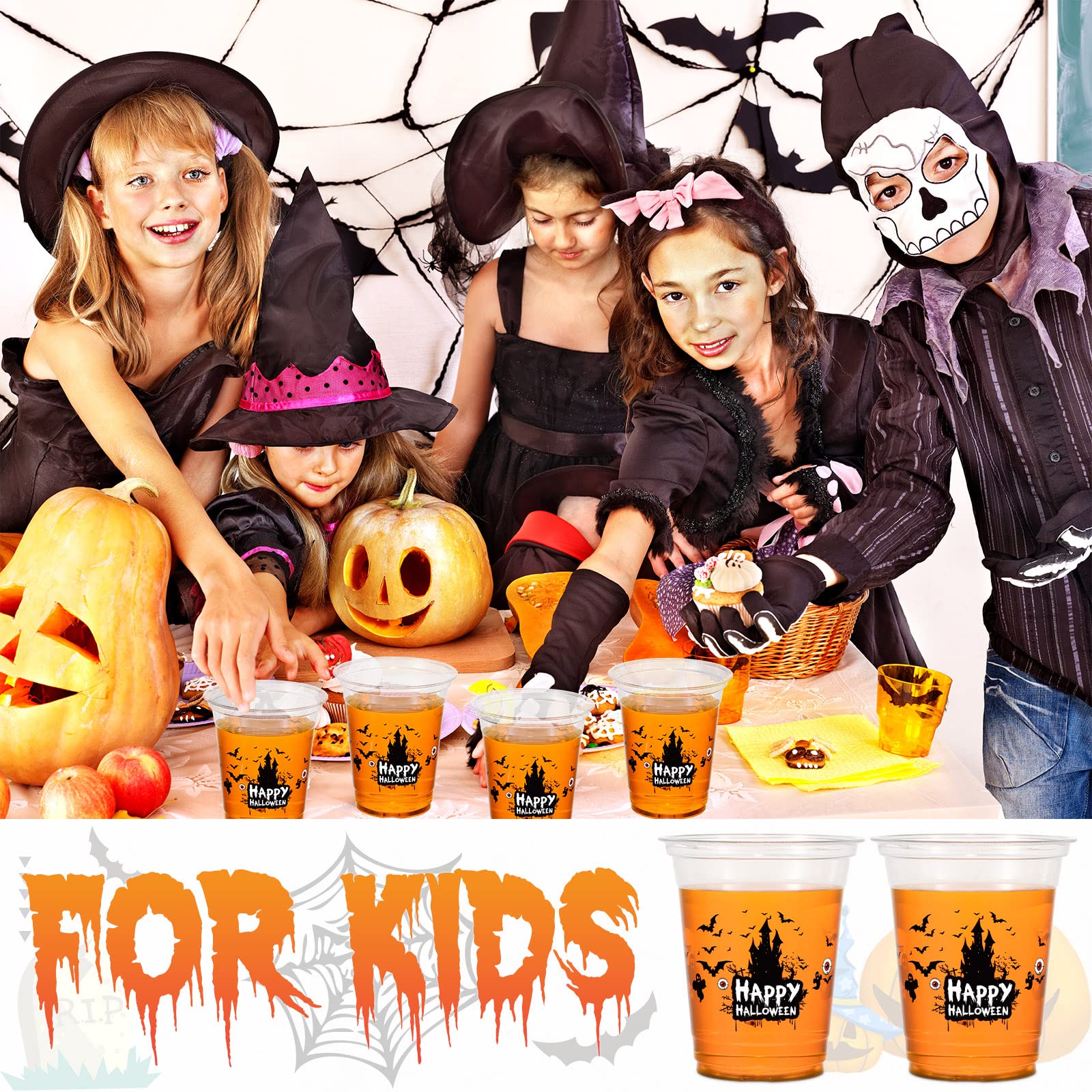 12oz Halloween Party Cups, Happy Halloween Disposable Clear Cups Plastic Printed Party Cups with Bat Ghost for Halloween Party Decoration, Party Supply for Beer Beverage Ice Cream Snacks(60 Count)