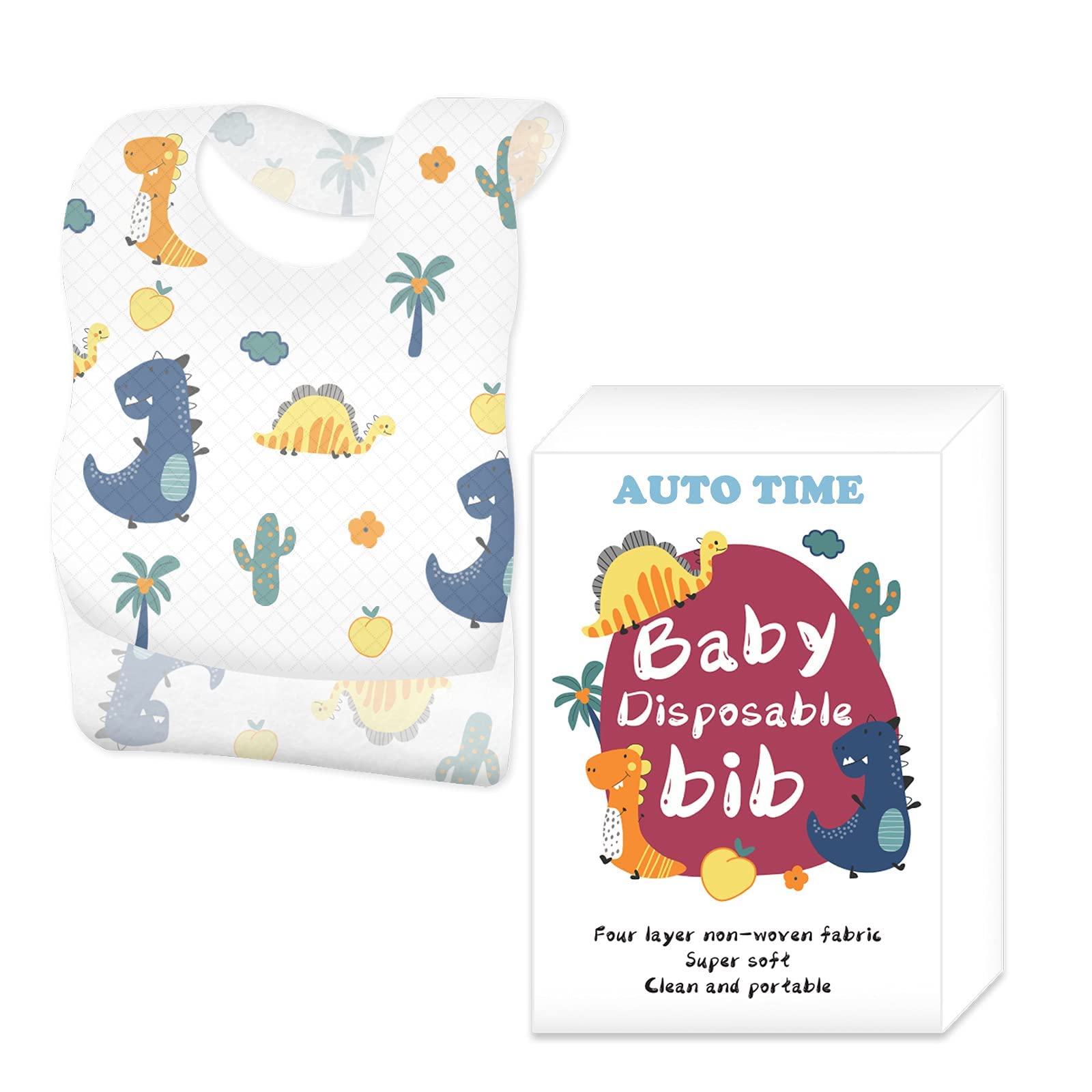 AutoTime Disposable Baby Bibs 8x13.7'' Large with Crumb-Catcher, Baby Travel Essential Reusable Fastener Baby Bibs for Boys Girls 20 Count Non-Woven Bibs for Toddler
