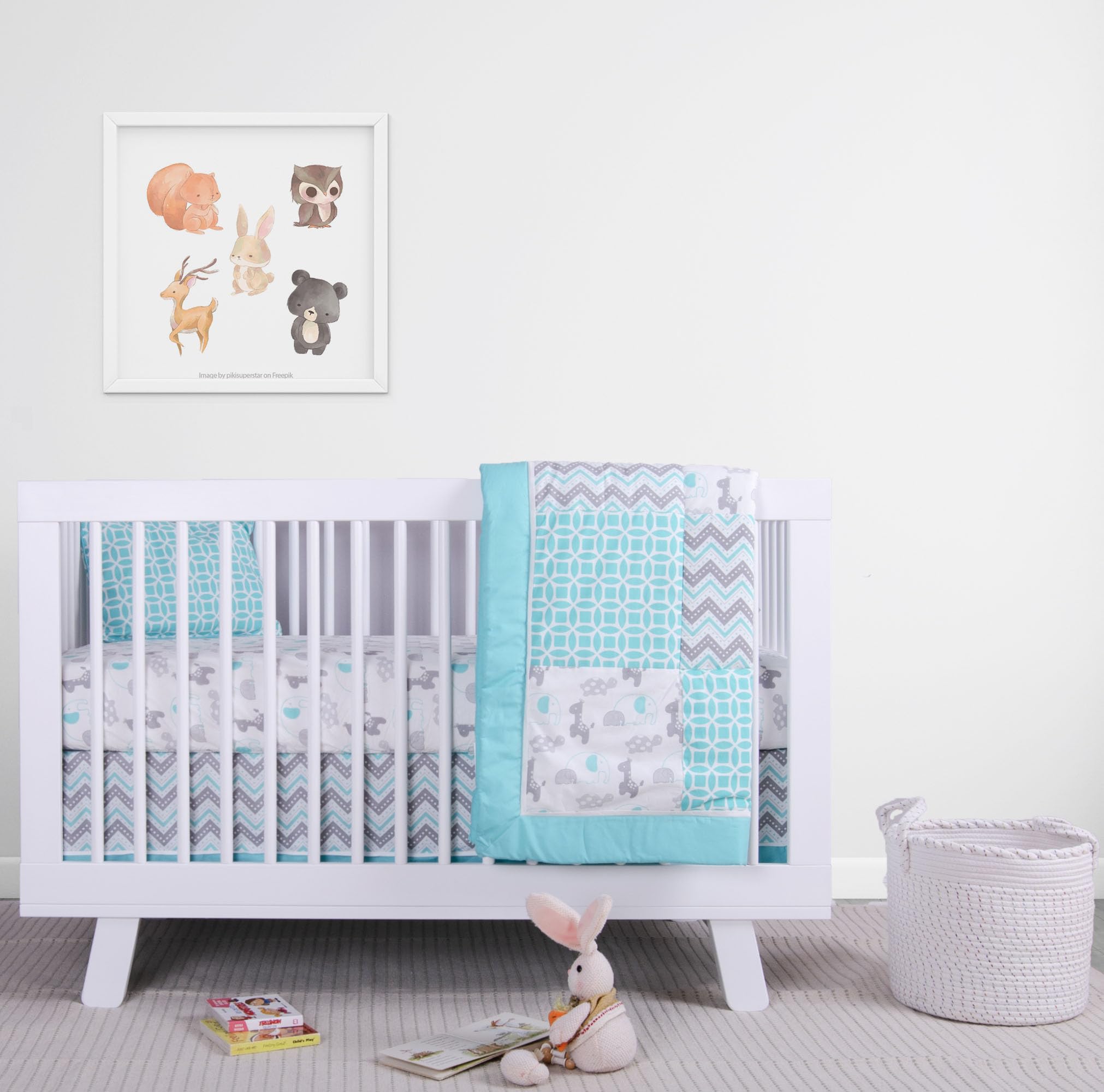 BabyFad Animal Print Turquoise 9 Piece Baby Crib Bedding Set 100% Cotton