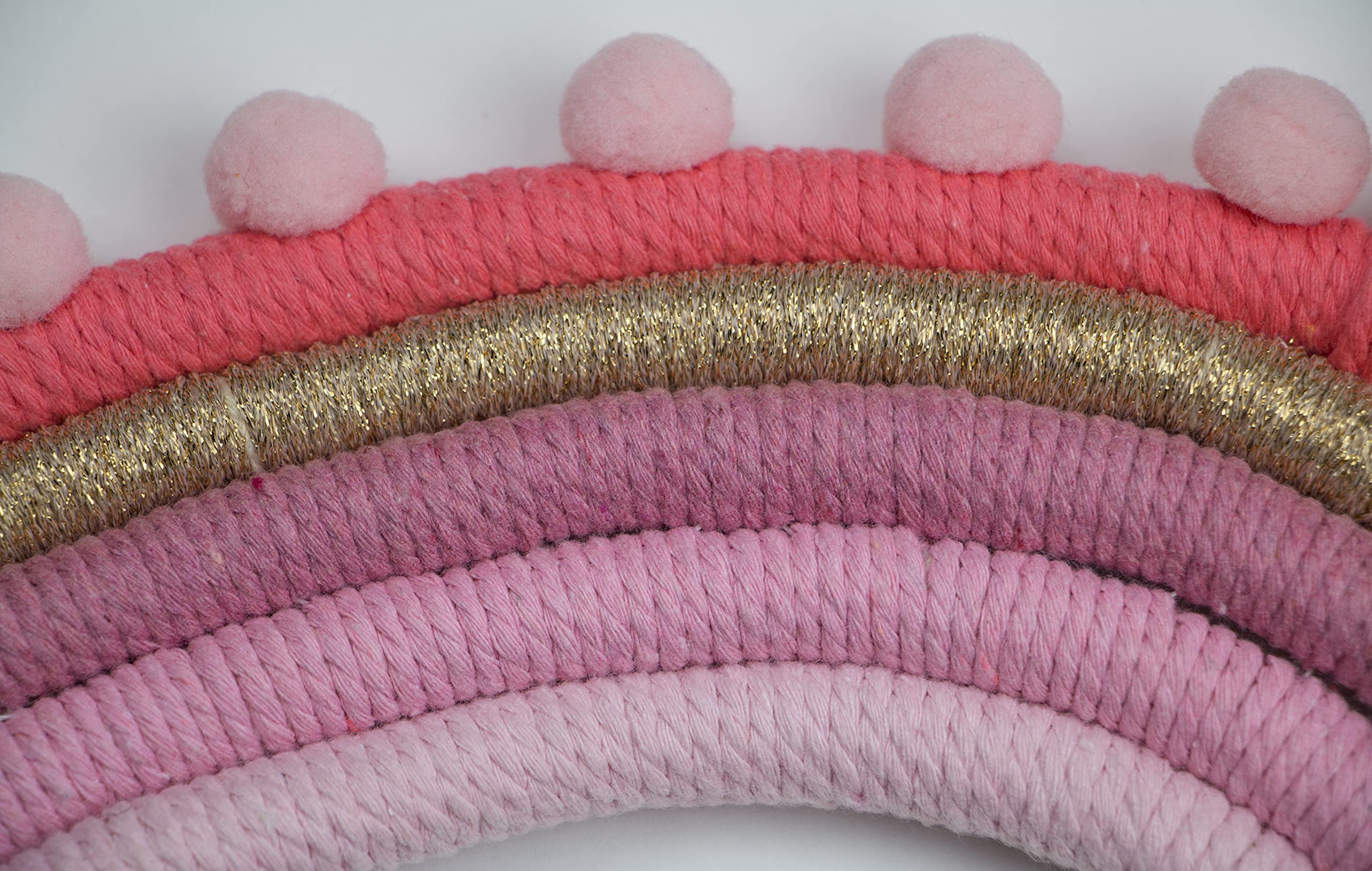 Macrame Pastel Rainbow with Pompoms and Tassels, Wall Hanging Accent for Girls, Boho Kid Room Decor, Adorable Baby Shower or Awesome Birthday Gift Pink, 14x11 inches