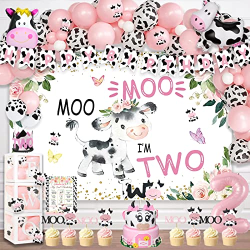 126 PCs Moo Moo Im Two Birthday Decorations Girl, Fiesec Cow 2nd Birthday Party Supplies Two Years Old Backdrop Balloon Garland Banner Cake Cupcake Toppers Boxes Cutout Crown Poster Pink White Black