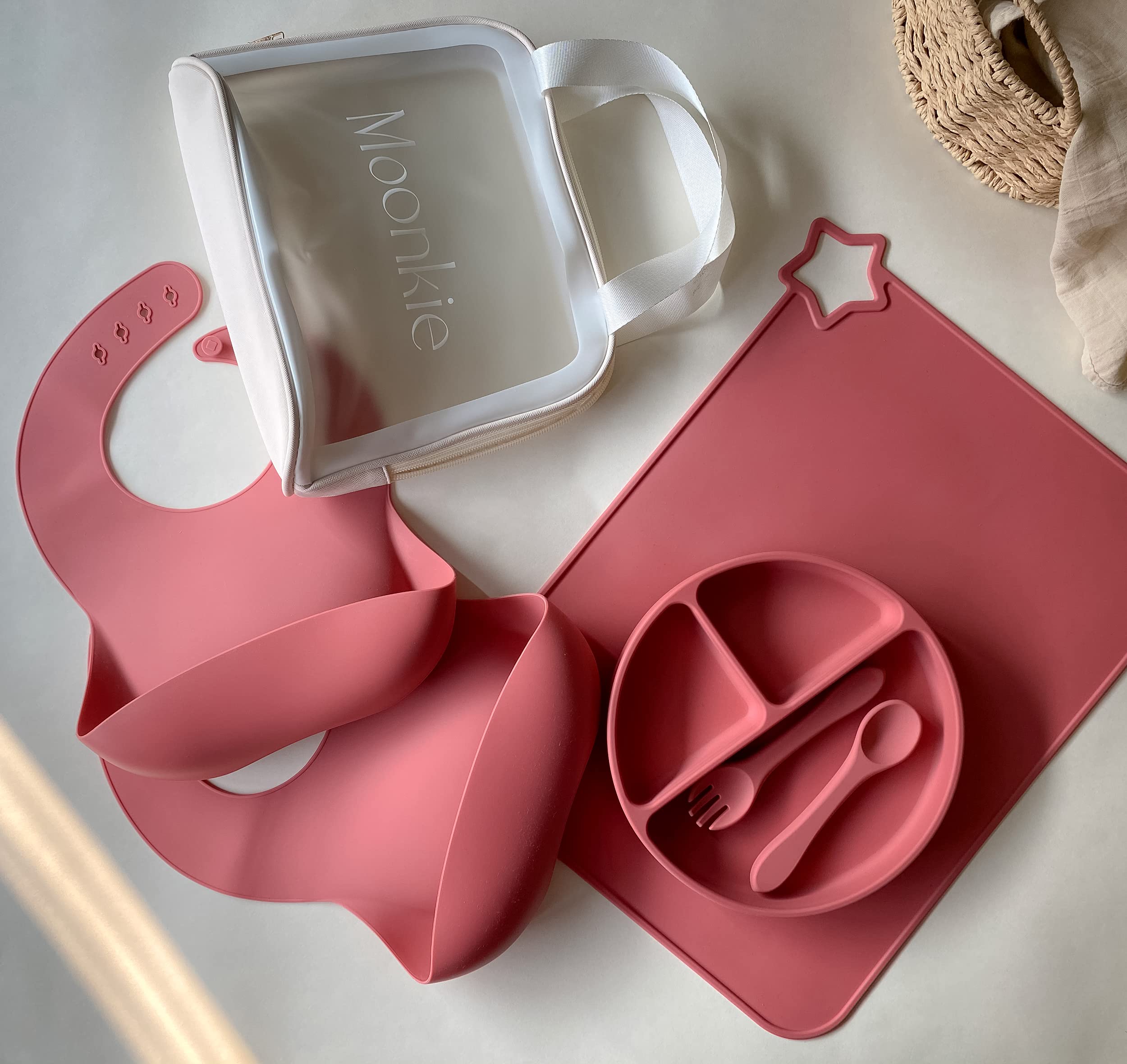 Baby Self Feeding Utensils Set, Toddler Led Weaning Feeding Supplies -Adjustable Silicone Bibs, Silicone Suction Divided Plate with Silicone Placemat,Spoon,Fork - Aids Self Feeding Kit (Warm Pink)