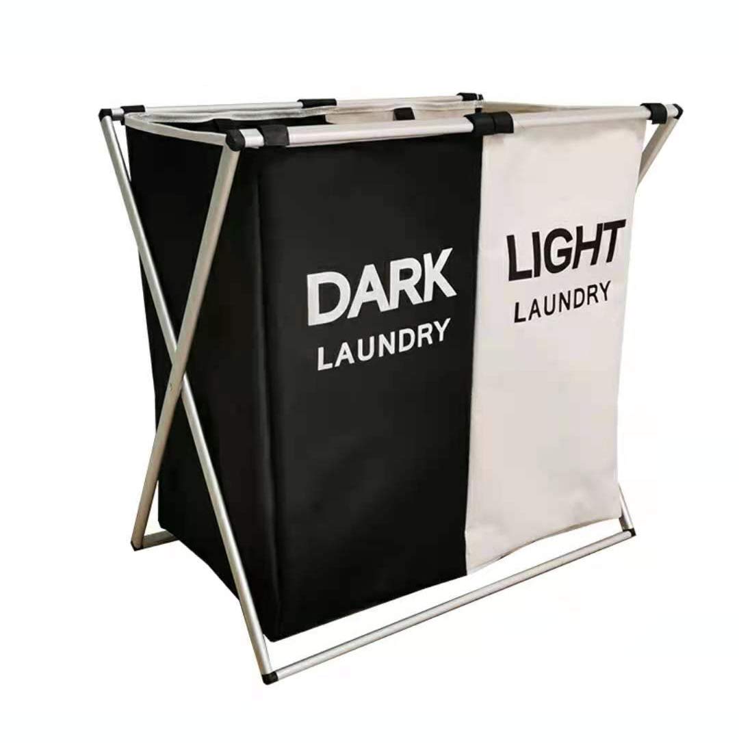 125L Laundry Basket Clothes Hamper Organizer Sorter Storage Foldable 2 Sections Hampers with Aluminum Frame (24x 15x 23 inches) Washing Dirty Cloth Bag for Bathroom Bedroom Garage (white gray)