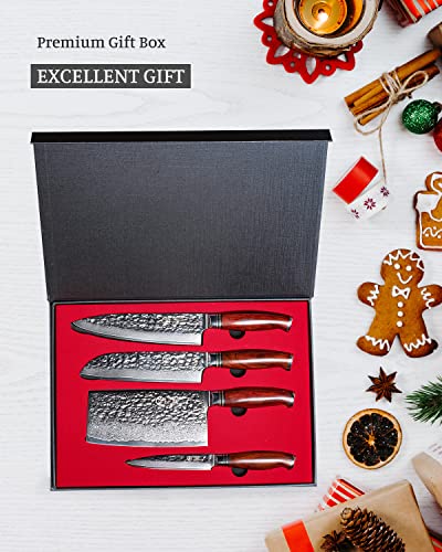 YARENH Kitchen Knife Set with Cleaver 4 Pcs, 73 Layers Damascus High Carbon Stainless Steel, Full Tang Natural Sandalwood Handle, Professional Chef Knife