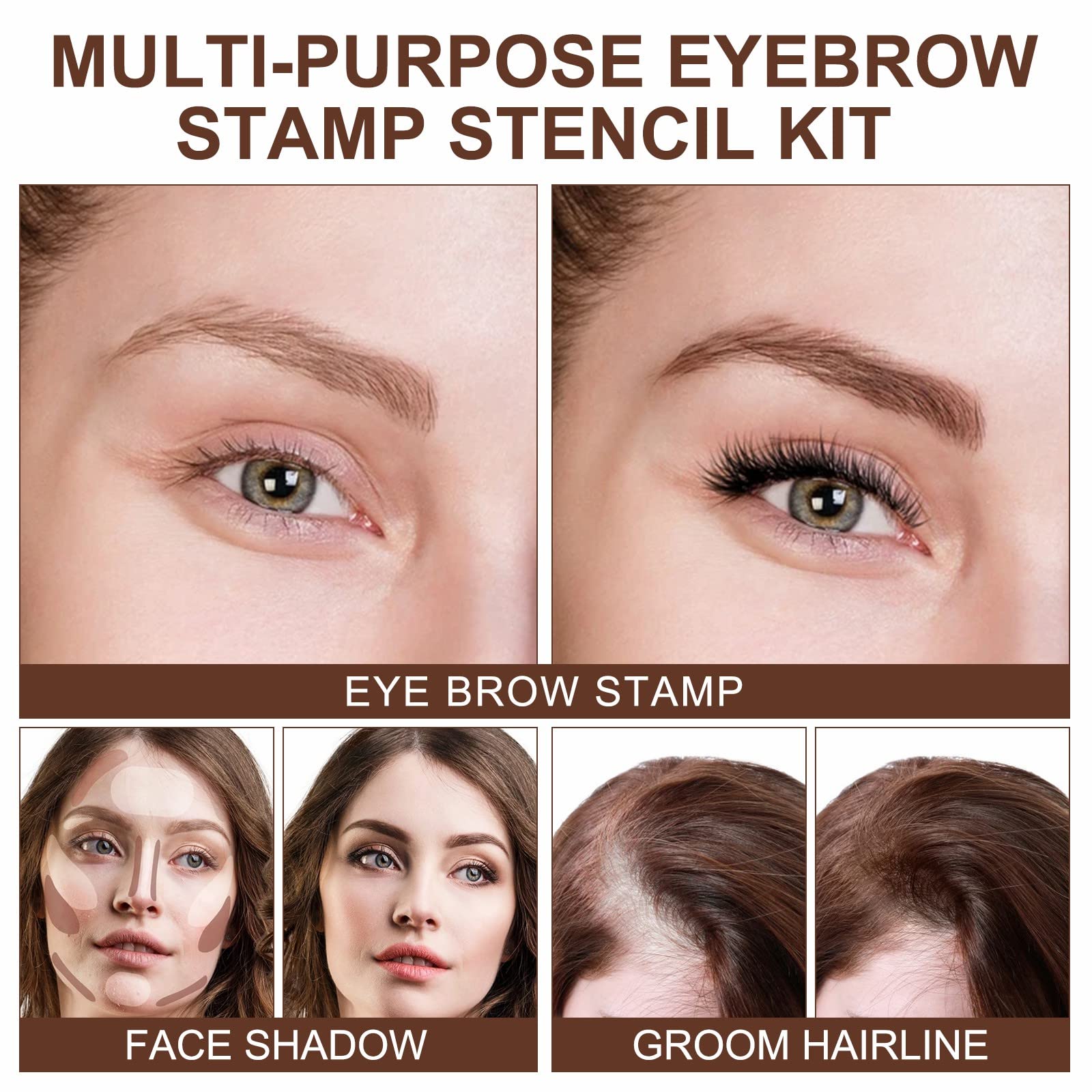 Eyebrow Stamp and Eyebrow Stencil Kit, Long Lasting Brow Stamp Kit for Perfect Eyebrow Makeup, Easy to Use, 10 Reusable Eye Brow Stencil Kit for Women Beginners (Dark Brown)
