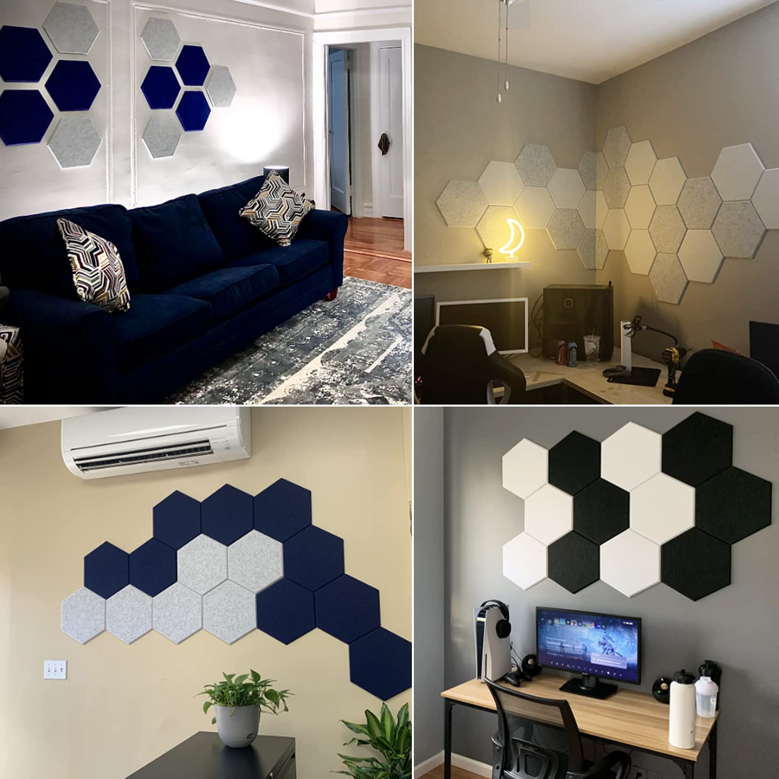 12 Pack Acoustic Panels Foam Sound Proof Padding for Wall Self-Adhesive, 12" X 10" X 0.4" Hexagon Wall Tiles Panels High Density Sound Dampening Absorb Noise for Studio Home Office (Silver Gray)