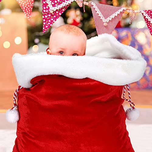 2 Pieces Christmas Velvet Bags with Drawstring in 2 Size Large Christmas Santa Gift Sack for Xmas Playing Santa Present Toy (Red, Simple Style)