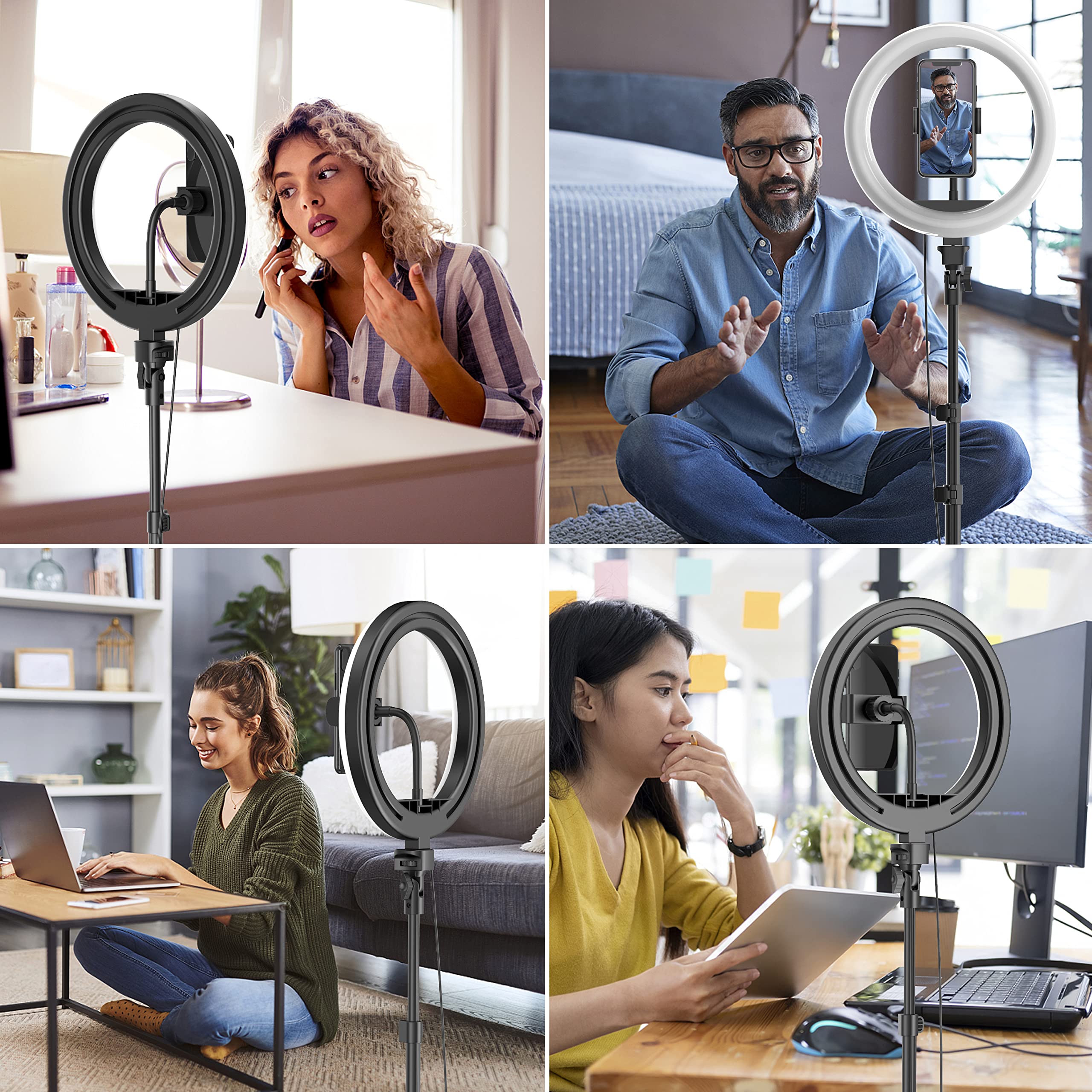 10" Ring Light with 53" Adjustable Tripod Stand & Phone Holder for Live Stream/Makeup, Upgraded Dimmable LED Selfie Ringlight for Tiktok/YouTube/Zoom Meeting/Photography,Compatible with iPhone/Android