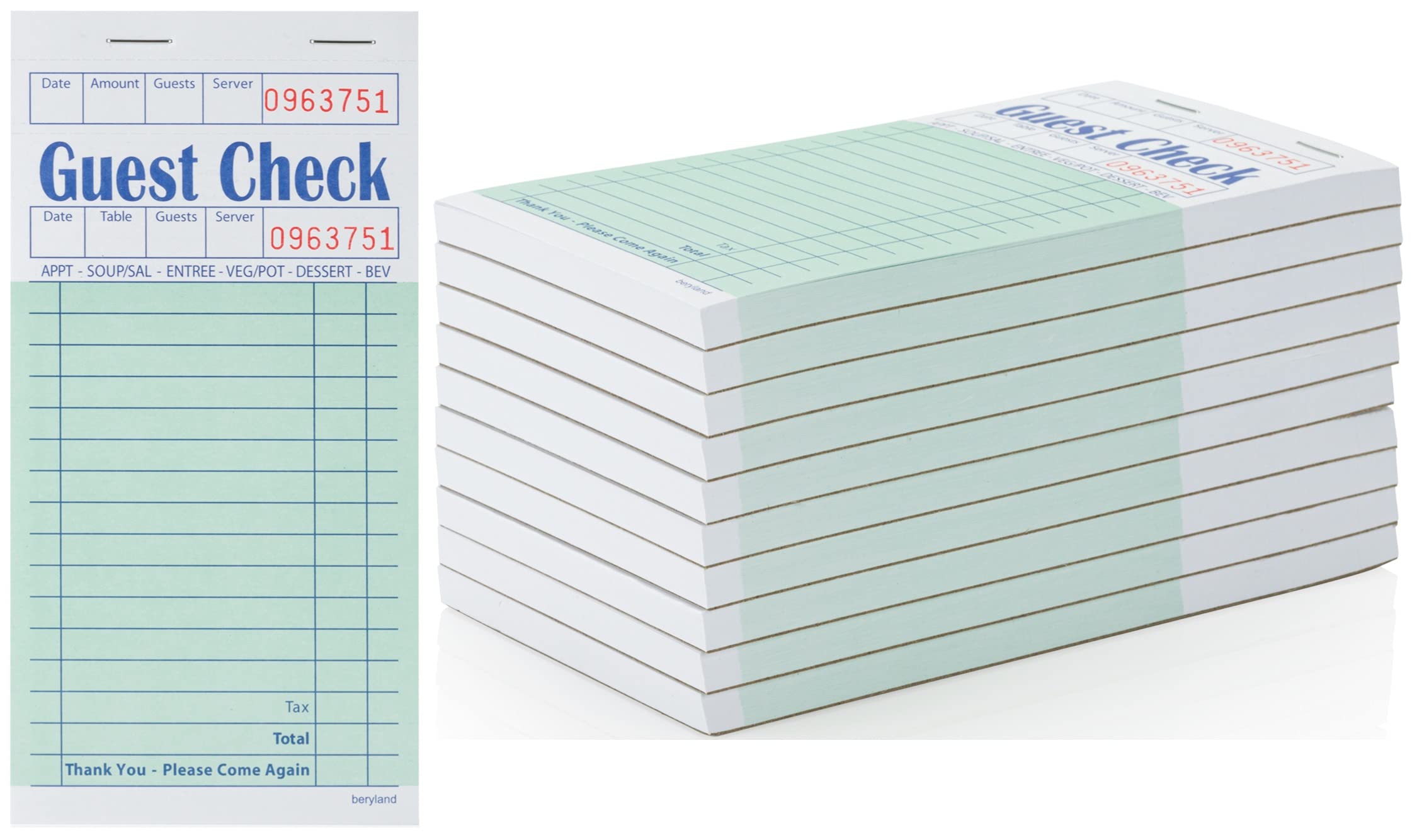 BERYLAND Server Note Pads - Guest Checks - Waitress Notepad, Double Sided, Pack of 10 Pads of 50 Sheets