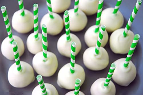100 Pack Green And White Paper Drinking Straws, 7.75 Inches Green Striped Drinking Straw Cake Pop Stick