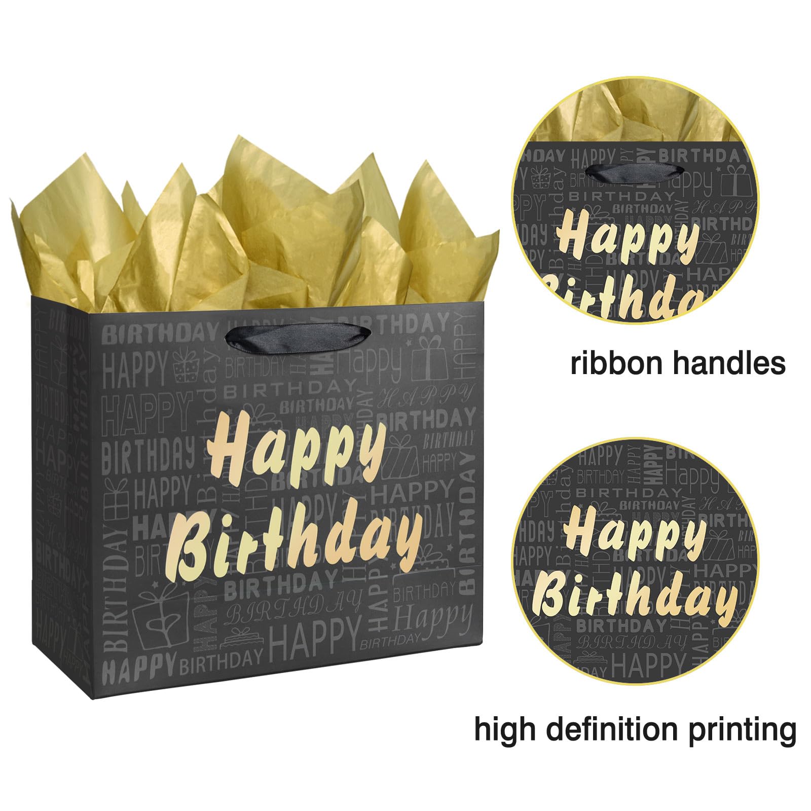 13" Large Black and Gold Happy Birthday Gift Bag with Tissue Paper and Card for Men Women Birthday