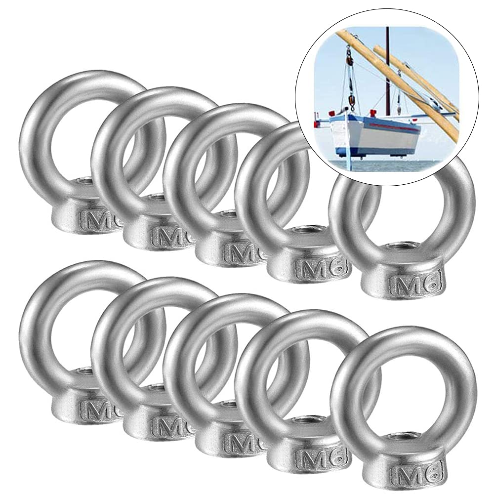 10 Pcs M6 Lifting Eye Nut Lifting Ring Eyebolt Nuts Silver 304 Stainless Steel Ring Shape Lifting Eye Nut for Lifting Accessories Rope Fitting