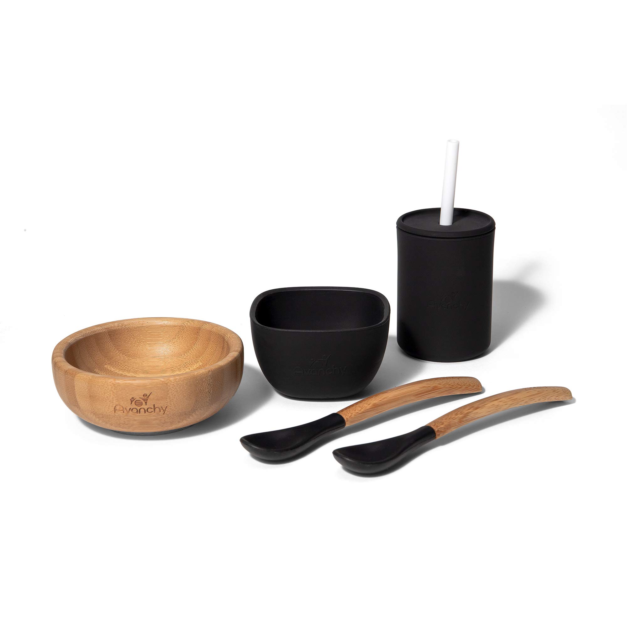 Avanchy Bamboo La Petite Family Collections Gift Set Green - Includes Mini Bamboo Bowl, Silicone Bowl, Silicone Cup, and Bamboo Baby and Infant Spoons - Baby Dishes Set - Baby Shower Gifts