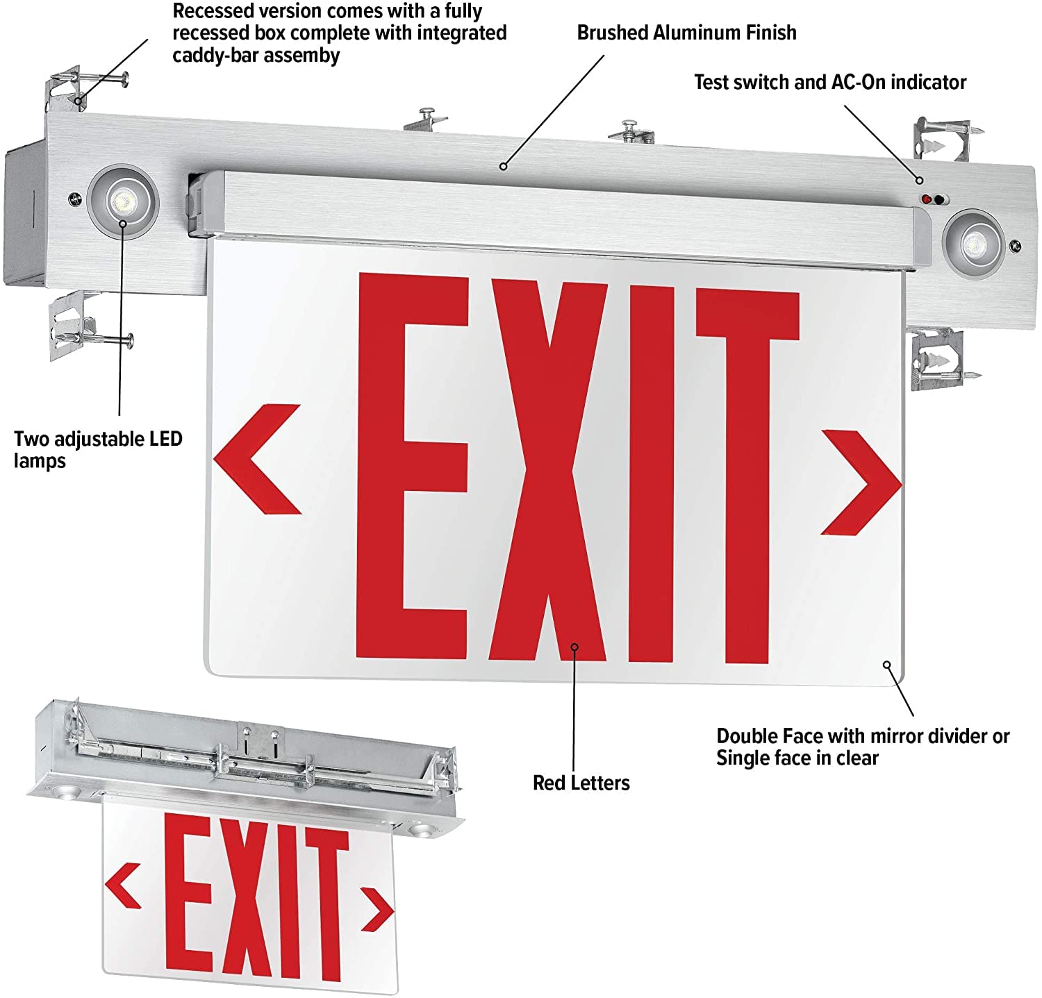 LB91610 Recessed Edge-Lit Red Exit Sign, 120-277V Double Face LED Combo Emergency Light with Adjustable Two Head and Backup Battery, NYC Approved 8” Lettering, UL Certified