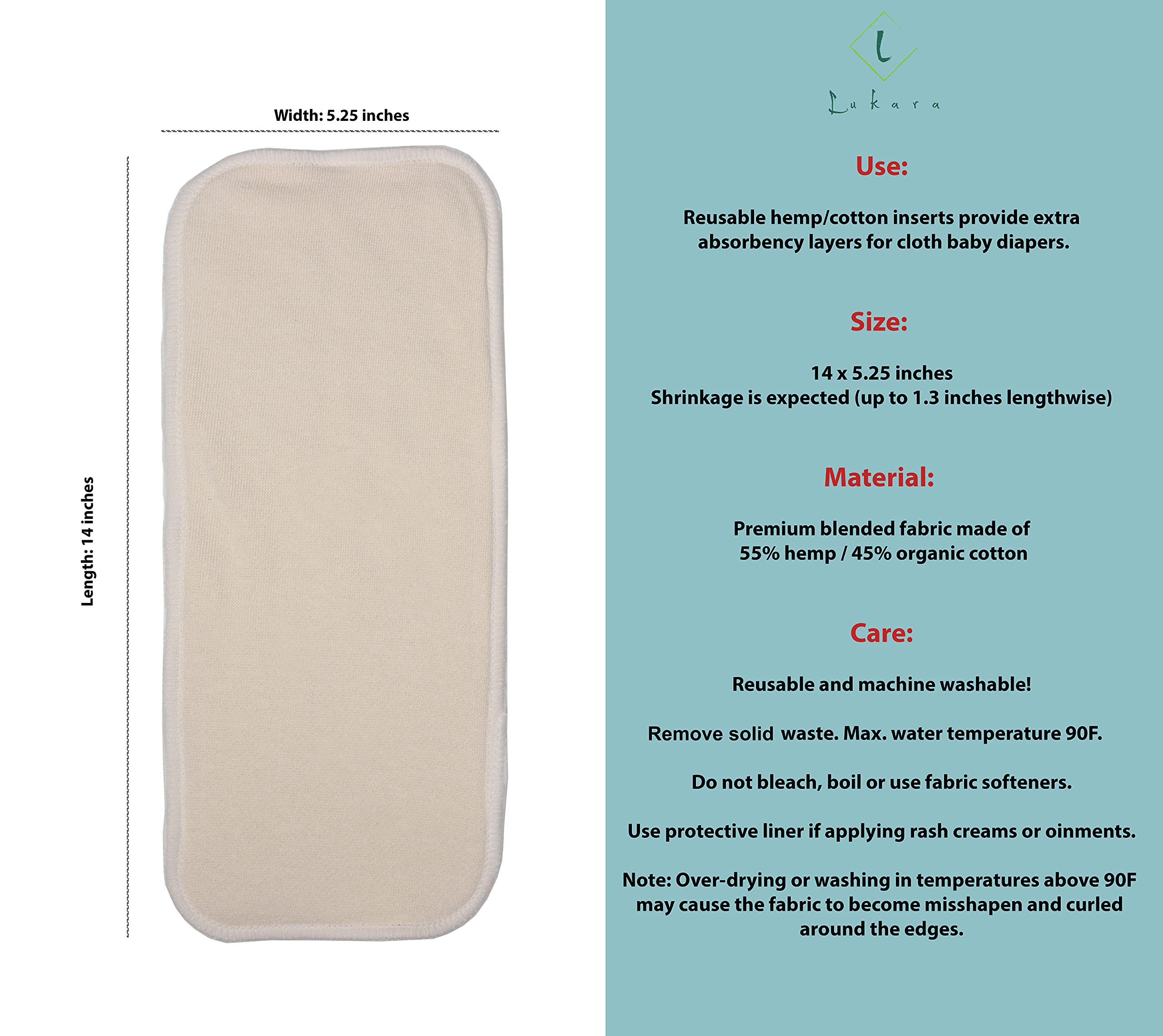 Lukara Hemp Cloth Diaper Inserts - Reusable Cloth Diaper Liners for Children, Hemp Diaper Inserts for All Needs, Fits All Diapers & Absorbent Hemp Inserts for Cloth Diapers, Reusable Diapers (5 Pack)