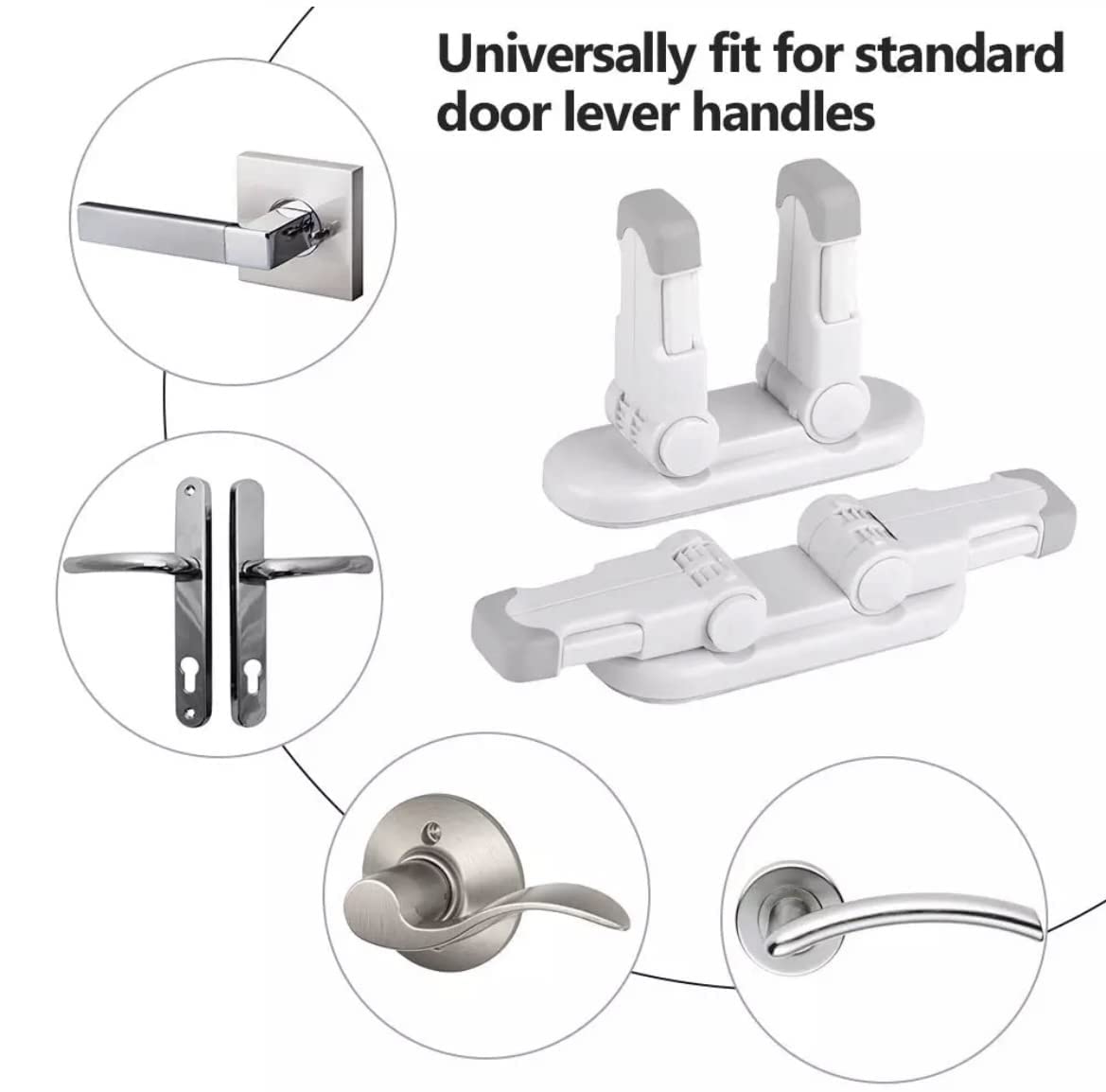 4 Pack, New and Improved Childproof Safety Door Lock, Prevents Toddlers from Opening Doors, BPA Free, 3M Adhesive, Easy to Install, No Drilling Needed.