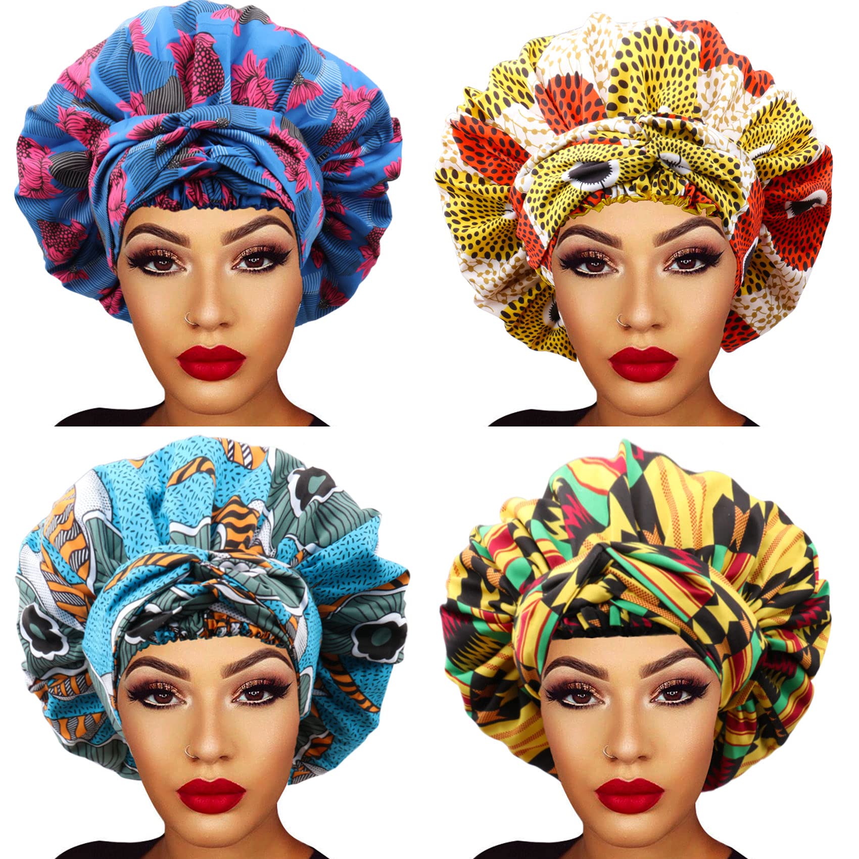 4 Packs Satin Bonnet for Women Silk Bonnet Sleep Cap African Print Head Scarf Head Wrap for Long Curly Natural Hair Braids Hat Large Soft Night Sleeping Cap Head Cover
