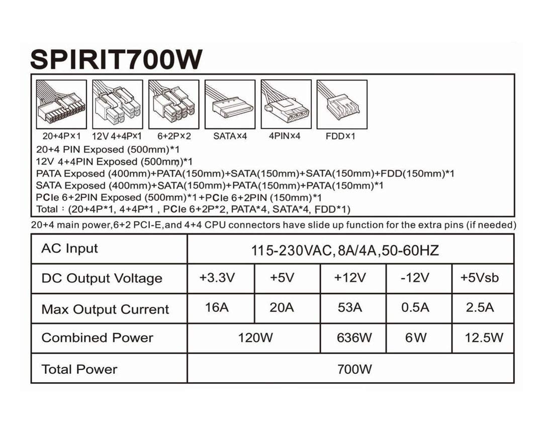 Apevia ATX-SR700W Spirit ATX Power Supply with Auto-Thermally Controlled 120mm White LED Fan, 115/230V Switch, All Protections