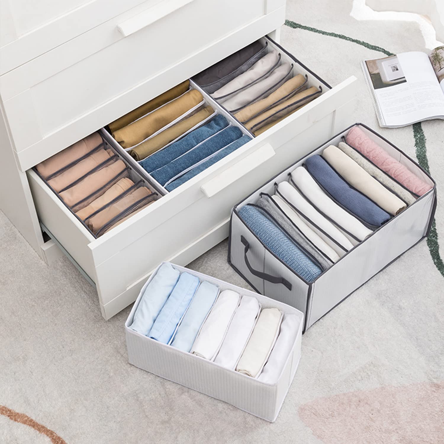 2PCS Wardrobe Clothes Organizer with Support Board Foldable 7 Grids Pants Organizer Washable Drawer Clothes Organizer for Clothes Legging Jeans T-Shirt Scarves