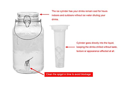 Emica Home 1 Gallon Cold Drink Glass Beverage Dispenser with Ice Infuser, Clear Bail & Trigger with Locking Clamp Drink Dispenser with Easy Flow Spigot for Outdoor, Parties and Daily Use