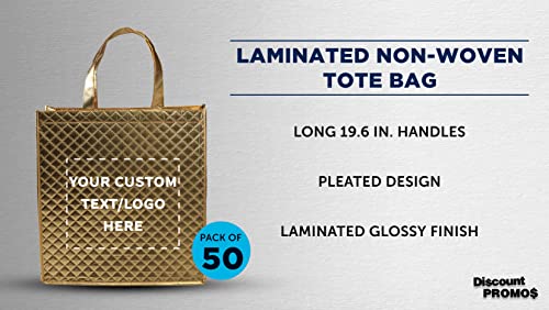DISCOUNT PROMOS Custom Luxurious Laminated Tote Bags Set of 50, Personalized Bulk Pack - Reusable, Great for Shopping, Beach, Wedding Favors - Gold
