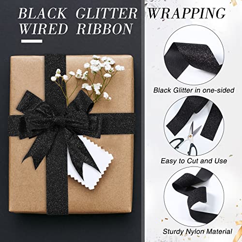 2 Rolls Glitter Ribbon 1-1/2 Inch x 10 Yards Wrapping Cut Edge Ribbon for Gift Wrapping Shiny Wrapping Ribbon for DIY Crafts Shower Tree Party Home Wedding Decoration(Black, 1-1/2 Inch Wide)