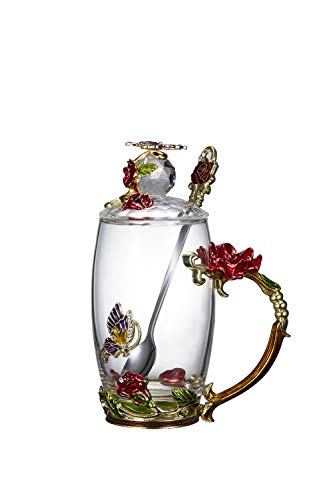 Flower Teacup Transparent Glass Teacup, (With Spoon + Lid) , Fancy Tea Cups , Flower Tea Cup,Tea Cup Gift, Gifts for Women,Mother's Day Present，Gift Box. (Rose Red High Cup)