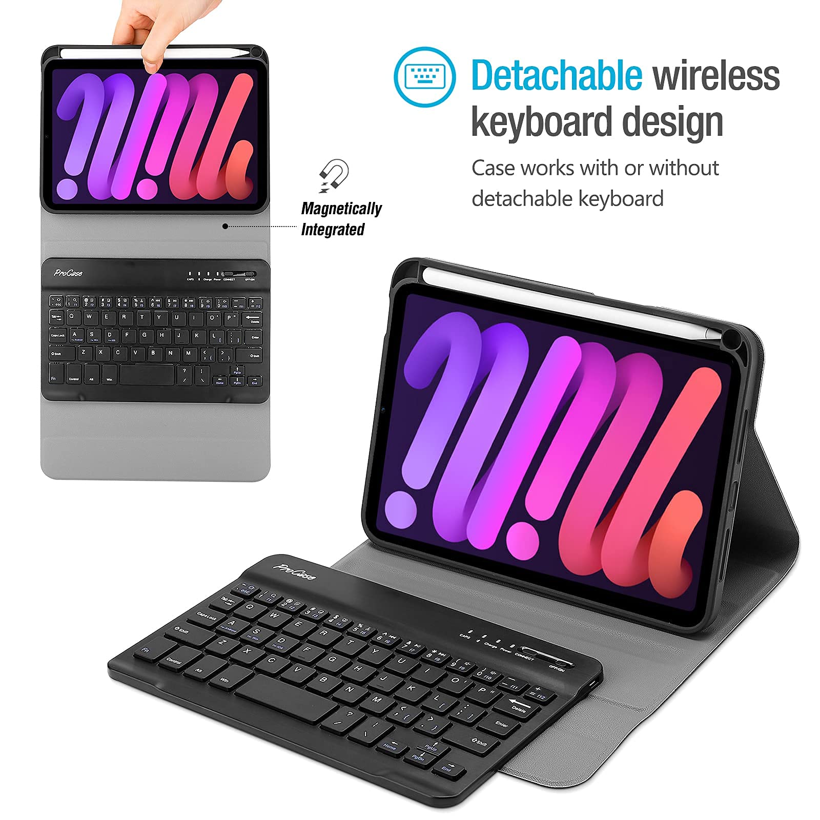 ProCase Keyboard Case for iPad Mini 7 (A17 Pro) 2024 / iPad Mini 6 2021, Detachable Wireless Keyboard Protective Cover Cases for 8.3 Inch iPad Mini 7th 6th Generation Gen Keyboard Case- Black