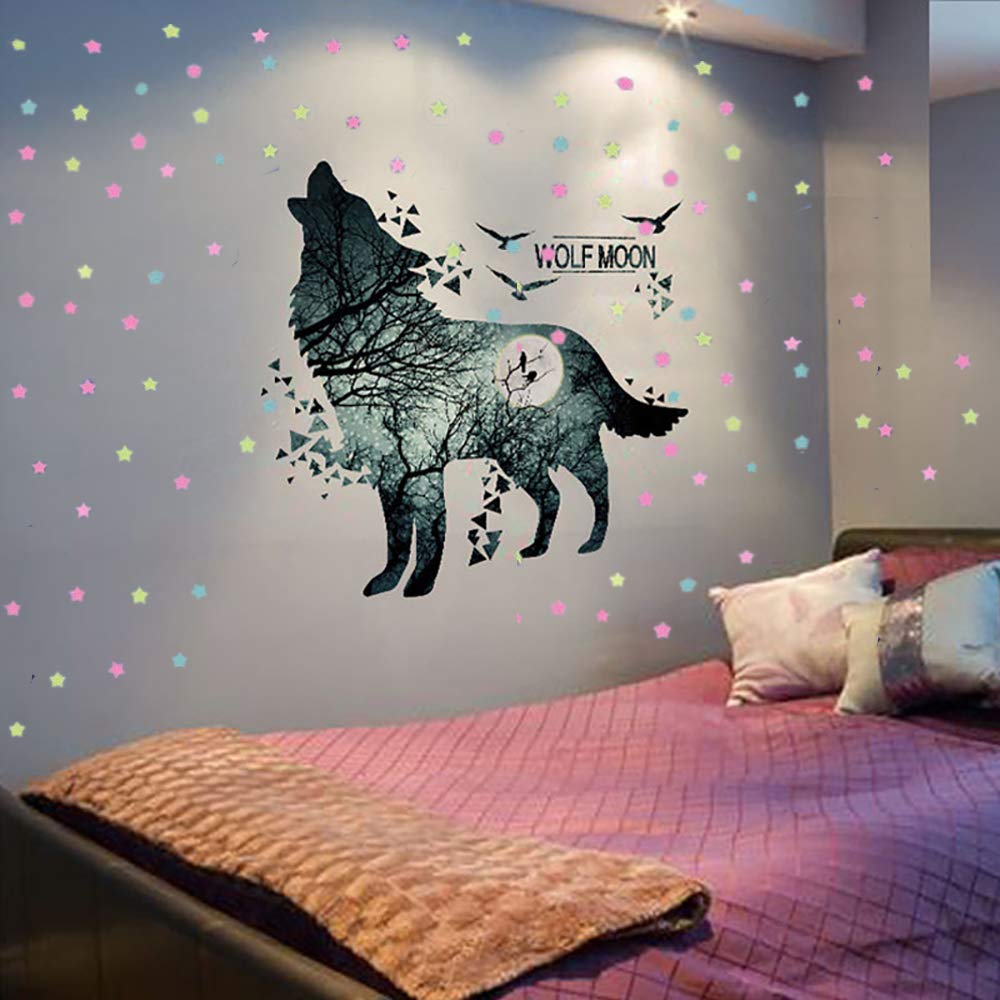 AMODA Funny Dinosaur Wall Decals Removable Boys Nursery Room Wall Art Murals Stickers Creative Dinosaur Story Kids Room Decor-23.6 x 35.4Inch (Dinosaur Story) (Moon Wolf)