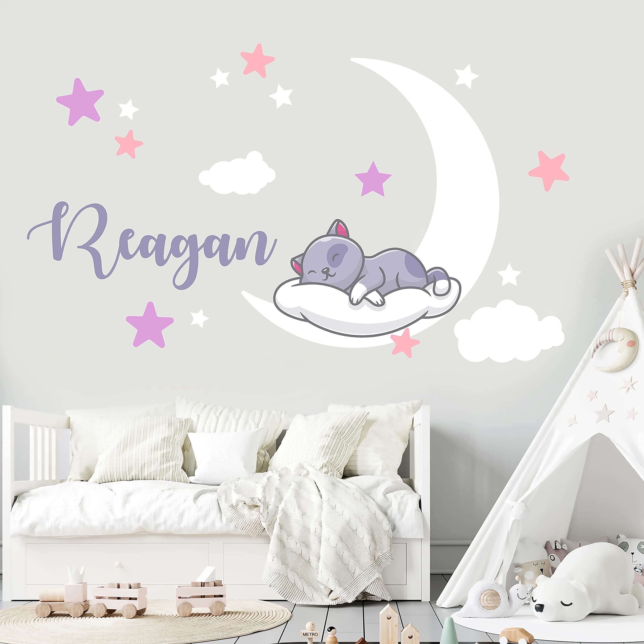 waldo Multiple Font Custom Name Moon Stars Nursery Theme Wall Decal - WM49G. Removable for Baby Room Mural Kids Girl Cat Girls Bedroom