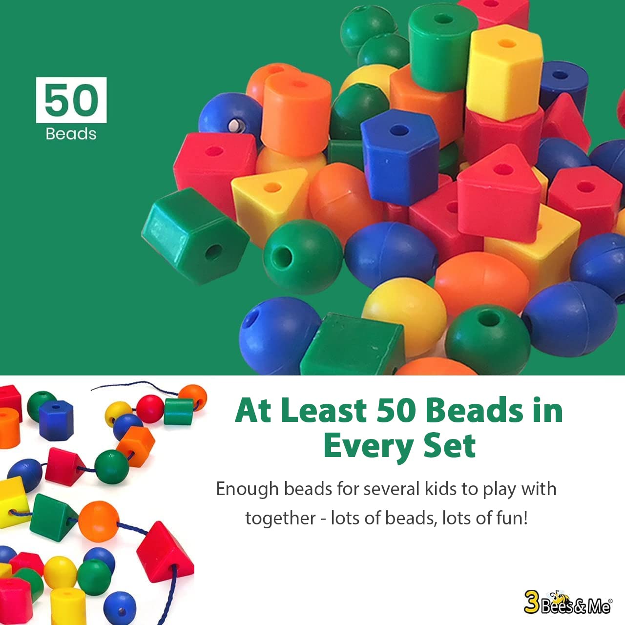 3 Bees & Me Jumbo Lacing Beads - Threading Toys for Toddlers & Kids Ages 3-5 - Fine Motor Preschool Activity with 50 Large Beads & Strings