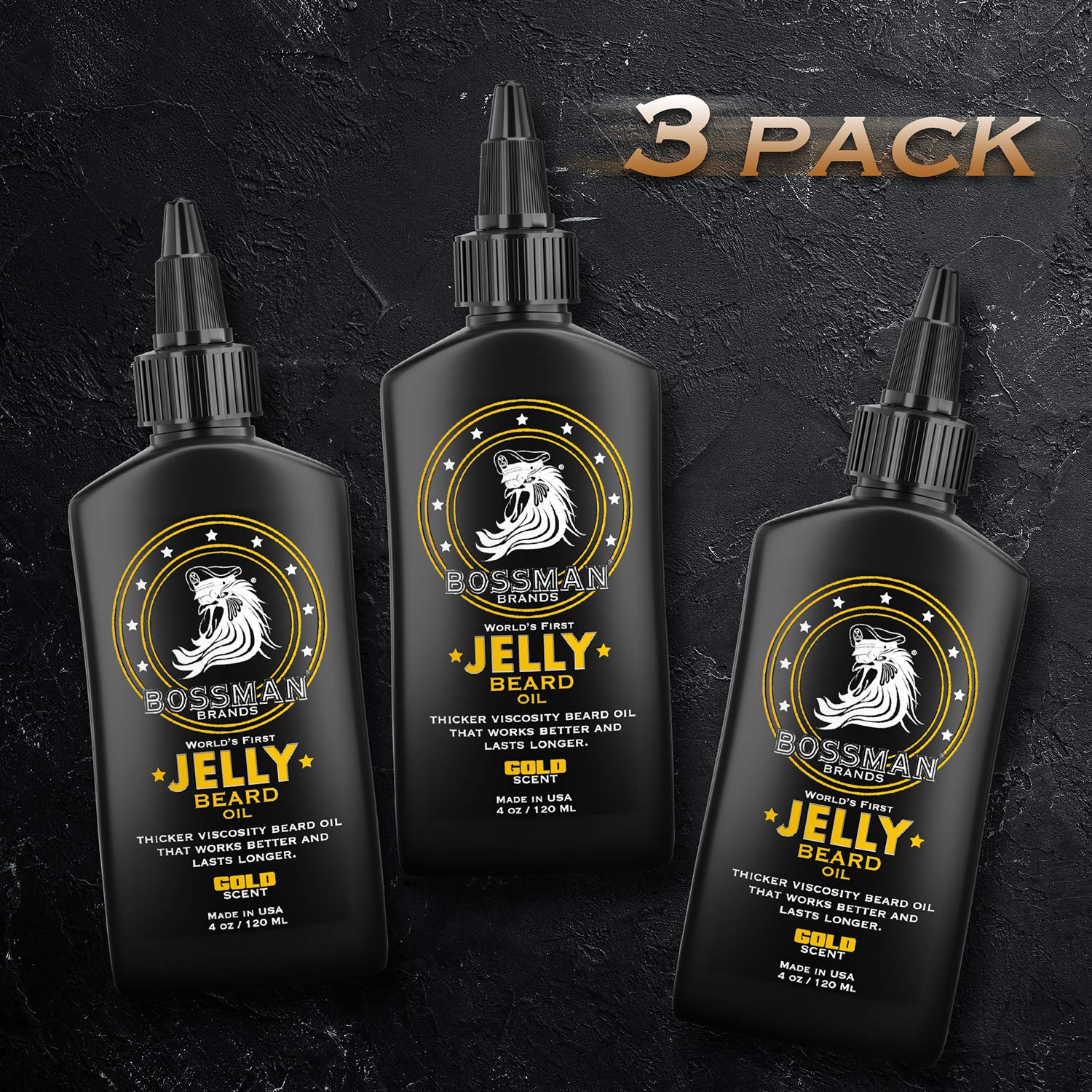 Bossman Beard Oil 4oz, Thicker consistency Jelly - Made in USA - Longer Lasting - Bigger Bottle - Natural Ingredients - Non Greasy - 3 Pack (Gold)