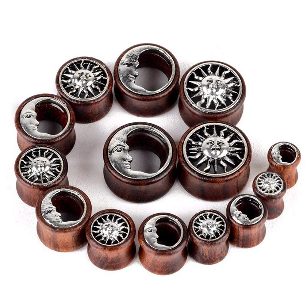 1/2" 12mm Tribal Sun & Moon Organic Wood Flesh Tunnel Double Flared Ear Gauge Stretcher Saddle Plug