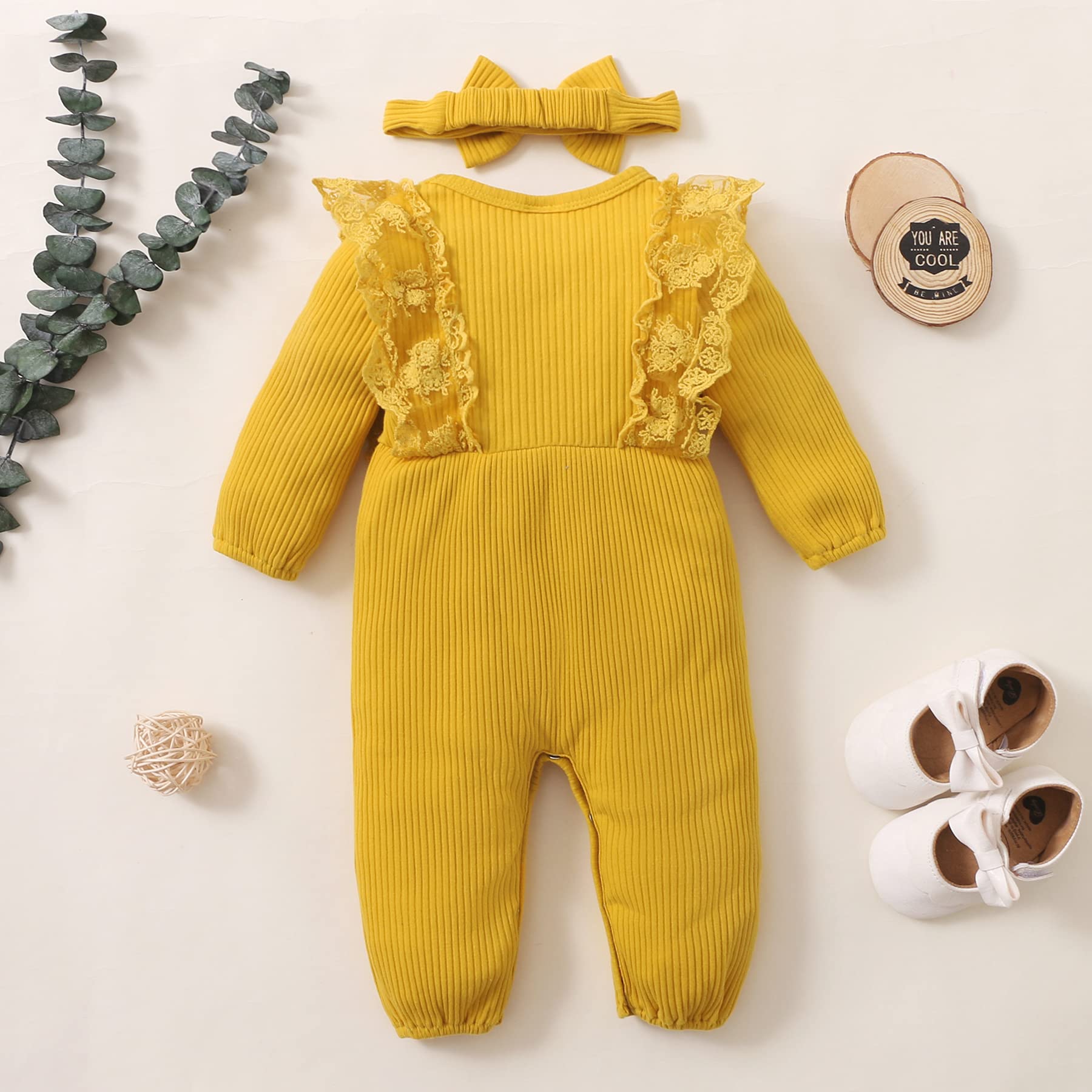 SOLOYEE 0-3 Months Baby Girl Clothes Cute Long Sleeve One Piece Infant Romper with Headband