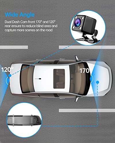 1080P Mirror Dash Cam 4.3in Touch Screen, Front and Dash Waterproof Backup Camera Rear View Camera, Parking Assistance, Loop Recording, G-Sensor, Monitor, Free 64GB Memory Card