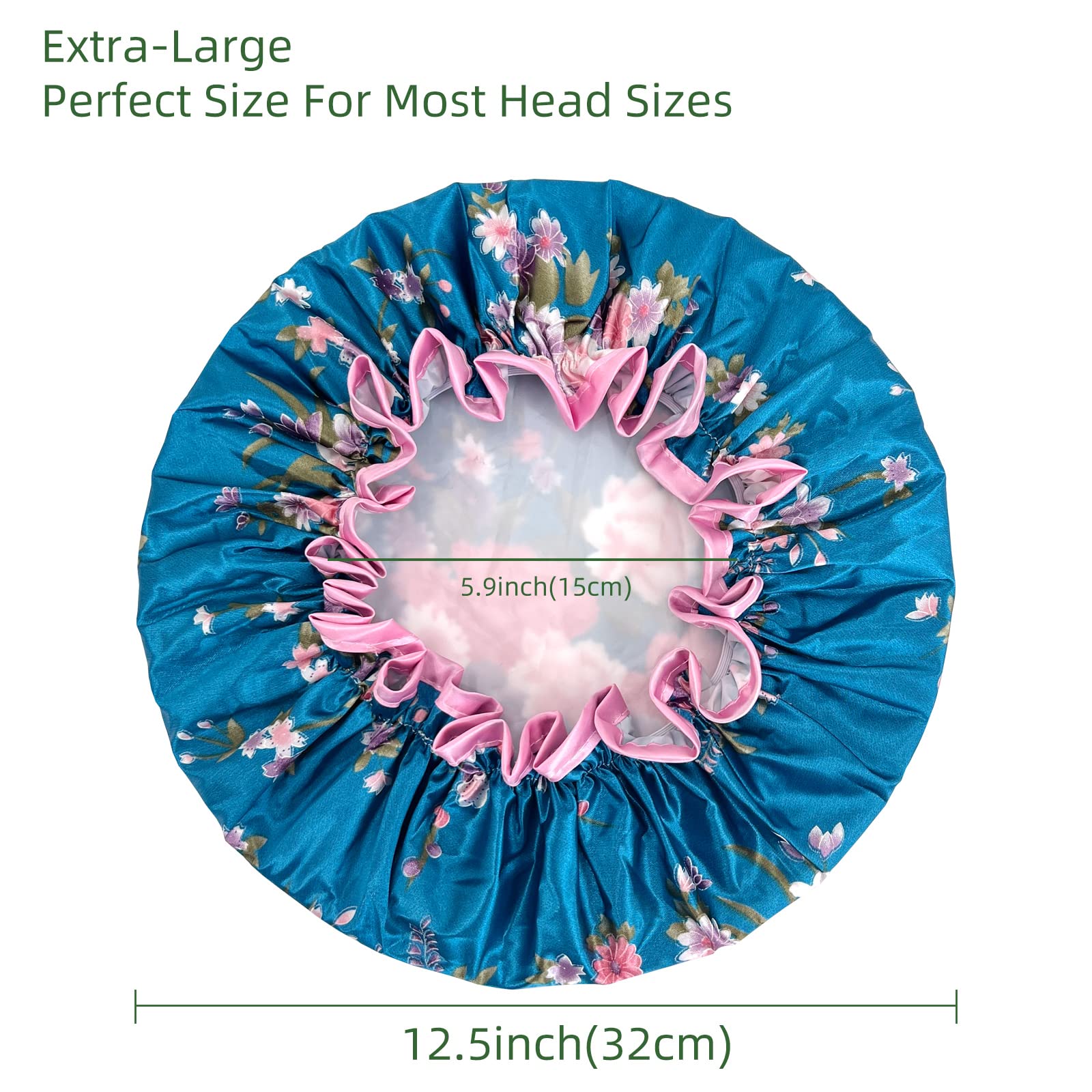 4 Pcs Double Layers Reusable Extra Large Shower Caps Waterproof, Elastic Satin Shower Cap For Women, Hair Bath Cap Bathing Shower Hat XL