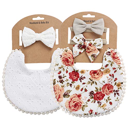 KIDOCHEESE Baby Bibs for Girls Reversible Boho Double-Deck Cotton Drooling Bibs with Nylon Headband Set (SET-02)