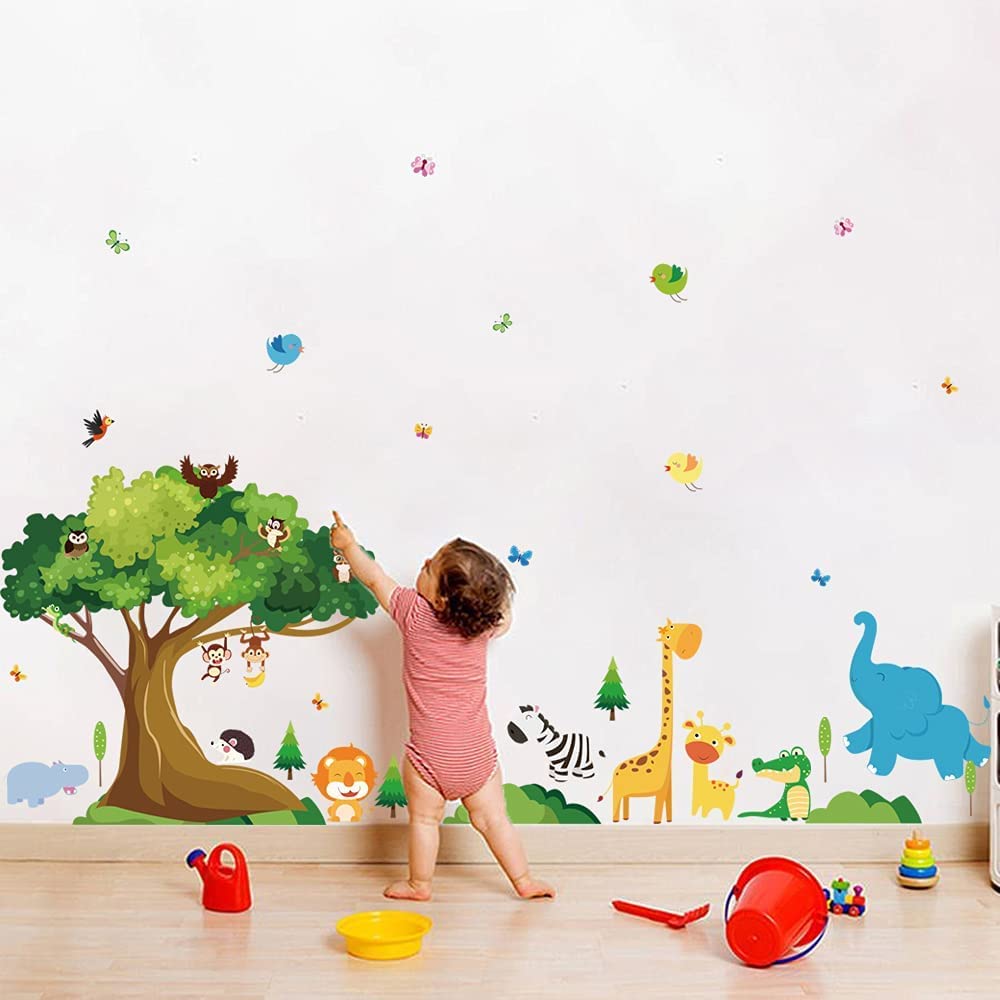 Runtoo Jungle Animals Wall Decals Monkey Elephant Forest Tree Wall Stickers for Kids Bedroom Baby Nursery Wall Decor