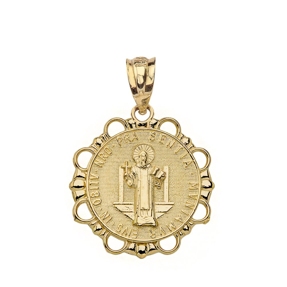 10k Yellow Gold Medalla De San Benito Saint St Benedict Round Pendant