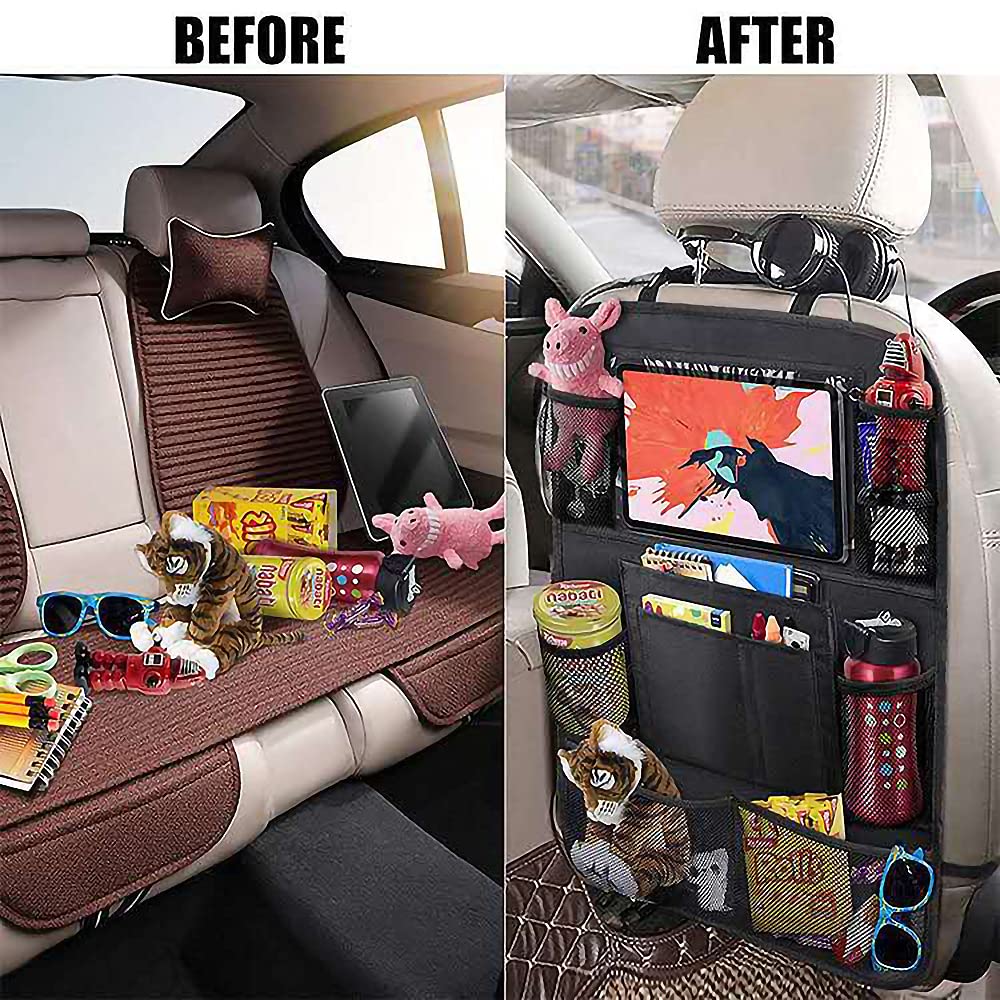 sunyou Car Backseat Organizer Car Organizer Kick Mats with 10inch Tablet Holder,10 Pockets, Car Organizer for Road Trip, Kid Snacks, Toys for Kids and Toddlers(2 PACK)