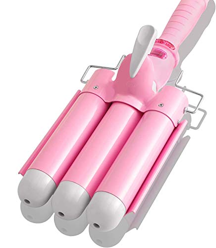 3 Barrel Curling Iron Wand Dual Voltage Hair Crimper with LCD Temp Display - Triple Barrels Temperature Adjustable Portable Hair Waver Heats Up Quickly (1.1 Inch, Pink)