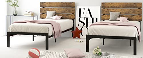 SHA CERLIN Twin Size Platform Bed Frame with Wood headboard and Metal Slats/Rustic Country Style Mattress Foundation/Box Spring Optional/Strong Metal Slats Support/Easy Assembly, Dark Brown