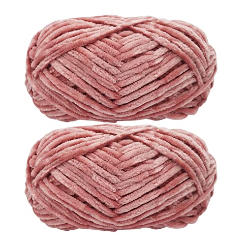 2 Roll Yarn for Knitting Crochet, Velvet Yarn Knitting Yarn Fabric Cloth for DIY Craft Handmade Velvet Coarse Wool Scarf Thread New Year Christmas Gift - Bean Pink, 175 Yards
